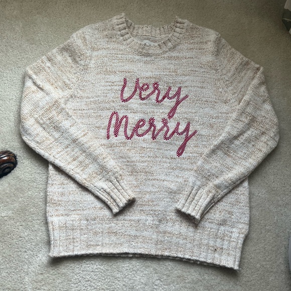 LOFT | Sweaters | Loft Beige Cozy Sweater With Very Merry Red Script ...